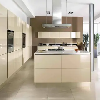 Modern Beige And Champagne Toned L-Shape Kitchen Design With High-Gloss ...