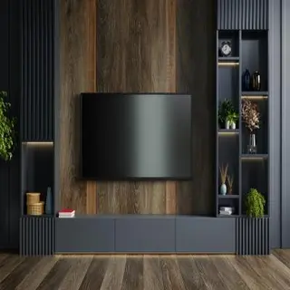 Contemporary TV Unit Design with Grey Finish and Streamlined Storage